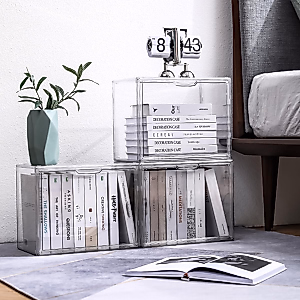 Fox Claw ​​​​​​Clear Acrylic Bookcase, Book Organizer Box, Portable Book Containers with Magnetic Door, Stackable Display Case for Purses Handbags Dolls Toys Shoes(Clear, 14.17" ×10.63"×8.66")