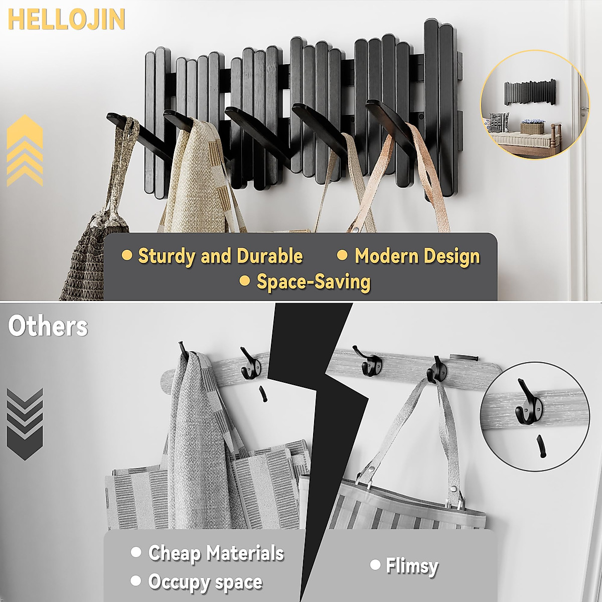 Space Saving Black Coat Rack Wall Mount, Wood Coat Hanger Wall Mount, Bamboo Entryway Hooks, Unique Wall Mounted Coat Rack for Hanging Keys, Hats, Purse, Towels and More (5 Flip-Down Hooks)