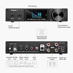 AIYIMA D05 Bluetooth 5.0 Power Amplifier 120Wx2 Stereo HiFi 2.1 CH Digital Sound Amplificador 24Bit/192kHz Class D Amp USB DAC Coaxial Optical OLED AptX, Support Subwoofer & with Remote (D05)