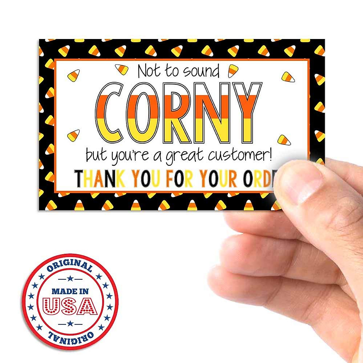 Funny Candy Corn Halloween Treat Themed Thank You Customer Appreciation Package Inserts for Small Businesses, 100 2" X 3.5” Single Sided Insert Cards by AmandaCreation