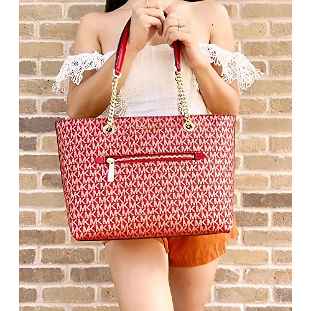 Michael Kors Jet Set Travel Medium Front Pocket Chain Tote Chili Red Gold MK