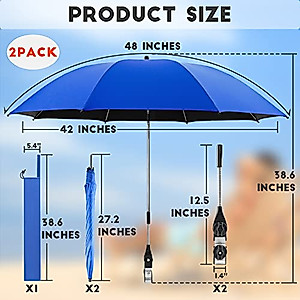 NBtoUS 2 PACK Beach Umbrella with Universal Clamp, UPF 50+ 360 ° Adjustable Beach Shade Umbrella，Portable Outdoor Umbrella for Beach Chair, Camping Chair, Wheelchair, Stroller, Patio Chairs, Golf Carts (Blue, Not Include Chair)