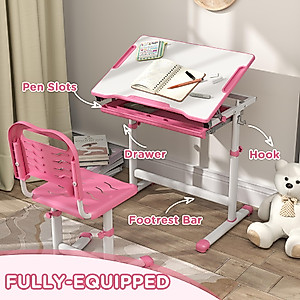 Qaba Kids Desk and Chairs Set, Height Adjustable Children School Study Desk with Tilt Desktop, Storage Drawer, Pen Slot, Hook, Ergonomic Table and Chair Set for Kids, Pink