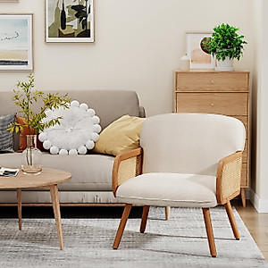 Andeworld Accent Chair with Rattan Arms,Upholstered Mid Century Modern Living Room Armchair, Side Club chair with Burlap Linen Fabric for Living Room Bedroom Balcony, Beige