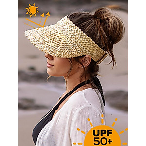 Visors for Women, Straw Sun Visors for Women Beach Hats for Women Packable Sun Hat Womens Visor Handmade Straw Hats for Women Beige
