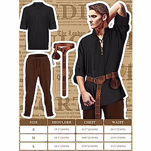 Panitay 4 Pcs Halloween Men's Medieval Costume Set Renaissance Pirate Shirt Pants Viking Belt Retro Pouch Outfit for Cosplay(X-Large,Black, Dark Brown, Brown)