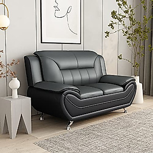 Container Furniture Direct Modern Style Faux Leather Loveseat with Extra Comfortable Pillow Top Armrests Ideal for Living Room, Bedroom or Home Office Couch, 61.3’’ Wide, Grey/Black