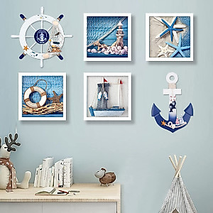 2 Pack 11" Nautical Beach Wooden Ship Wheel and 11" Wooden Anchor with Rope Nautical Boat Steering Wheel Rudder Anchor Wall Art Decor Door Hanging Ornament Beach Theme Home Decoration(White&Blue)