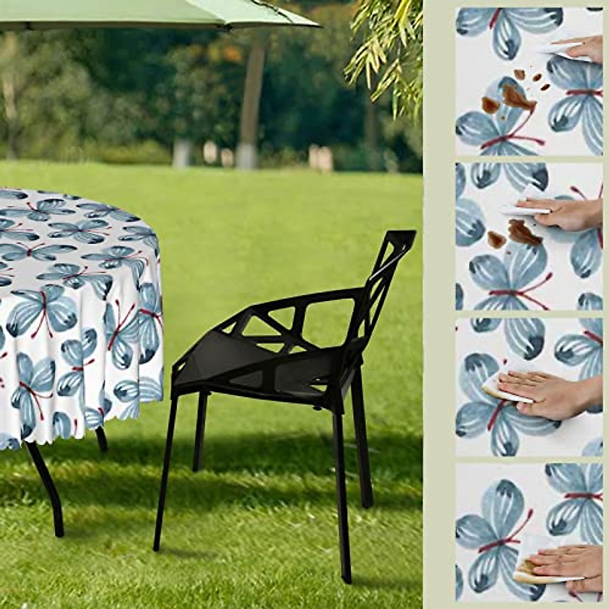 Lirduipu Butterfly Pattern Round Outdoor Tablecloth,Round Tablecloth with Umbrella Hole and Zipper for Patio Garden,Waterproof Spill-Proof,for Outdoor Table with Umbrella(52" Round,Blue Red)