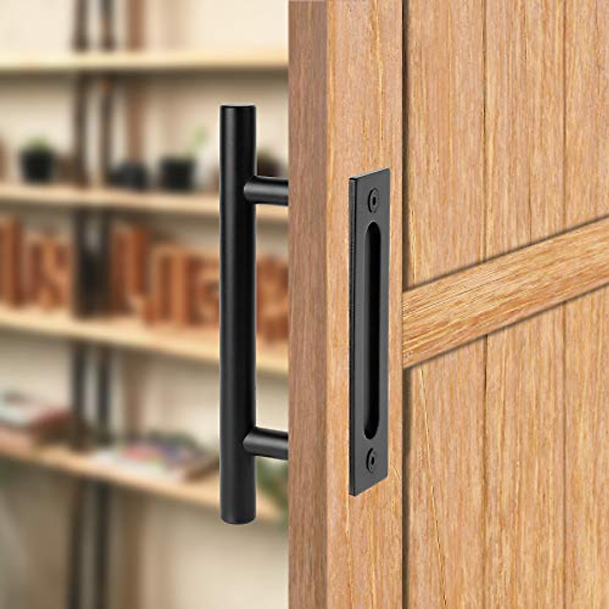 HILLMASTER 12" Heavy Duty Sliding Barn Door Pull Handle Set, Rustic Pull and Flush Barn Door Pull Handle with Two-Side Design, Round Black Finish Door Hardware for Gate Garage Shed