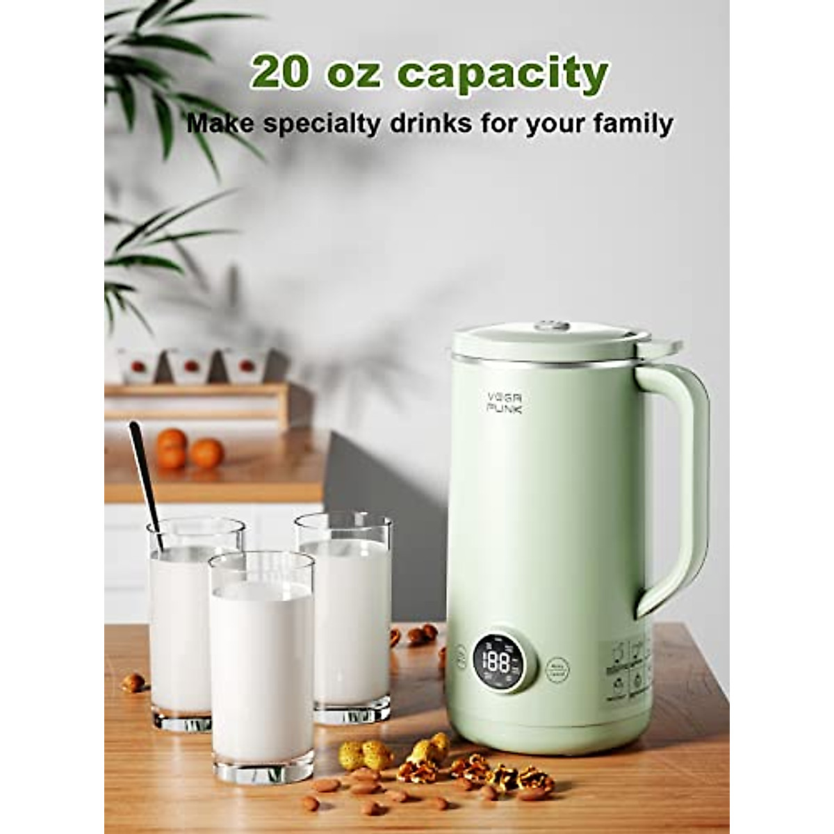 VEGAPUNK Nut Milk Maker Machine 20oz - Smart Automatic Cold and Hot Dairy Free Soybean/Oat/Coconut/Soy Milk Maker Machine with Filter Bag - Plant Based Almond Cow Milk Machine Maker for Vegan - Green