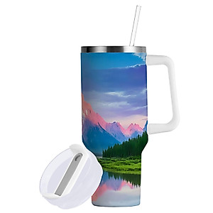 Jihqo Wonderful Mountains Lakes 40 oz Stainless Steel Vacuum Insulated Tumbler with Handle and Straw Lid, Leakproof Water Bottle Double Wall Travel Mug Coffee Cup, Cupholder Friendly