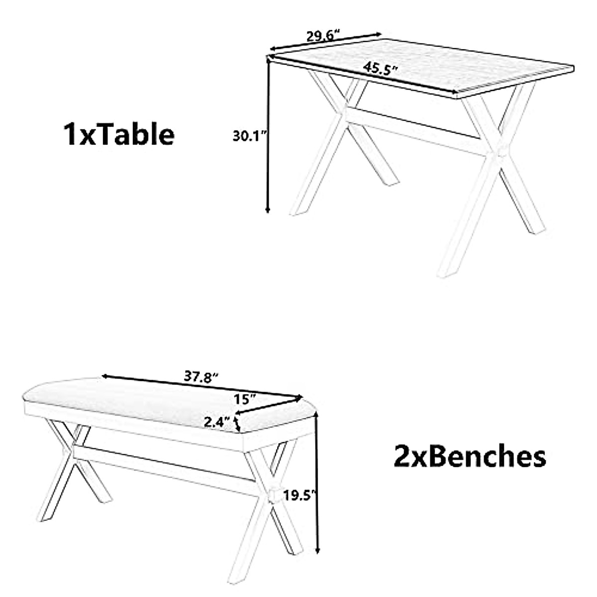 Harper & Bright Designs 3-Piece Wood Dining Table Set, Farmhouse Rustic Kitchen Dining Table with 2 Upholstered Benches, Brown+Beige