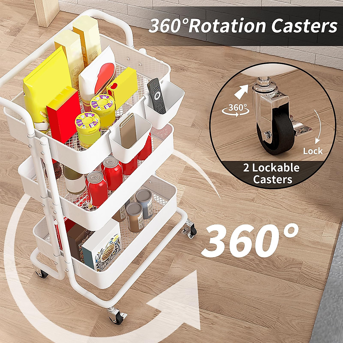 EZ COZY 3 Tier Rolling Cart Heavy Duty,Metal Rolling Utility Cart with Wheels and Handle, Rolling Storage Cart with 2 Hanging Buckets, Multifunctional Trolley for Kitchen, Living Room, Office (White)