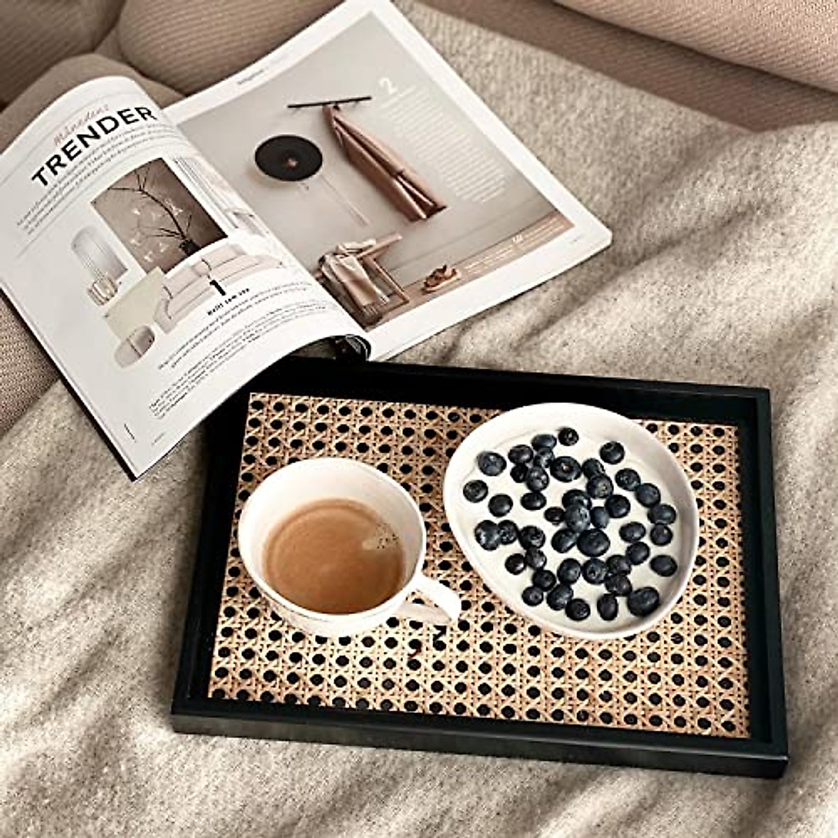 YANWE Serving Tray, Wood Serving Tray, Rattan Tray, Coffee Table Tray, Decorative Tray, Candle Tray, Wooden Tray for Living Room, Bedroom, Bathroom, Kitchen, Modern Farmhouse Decor, 14"x 10" (Black)