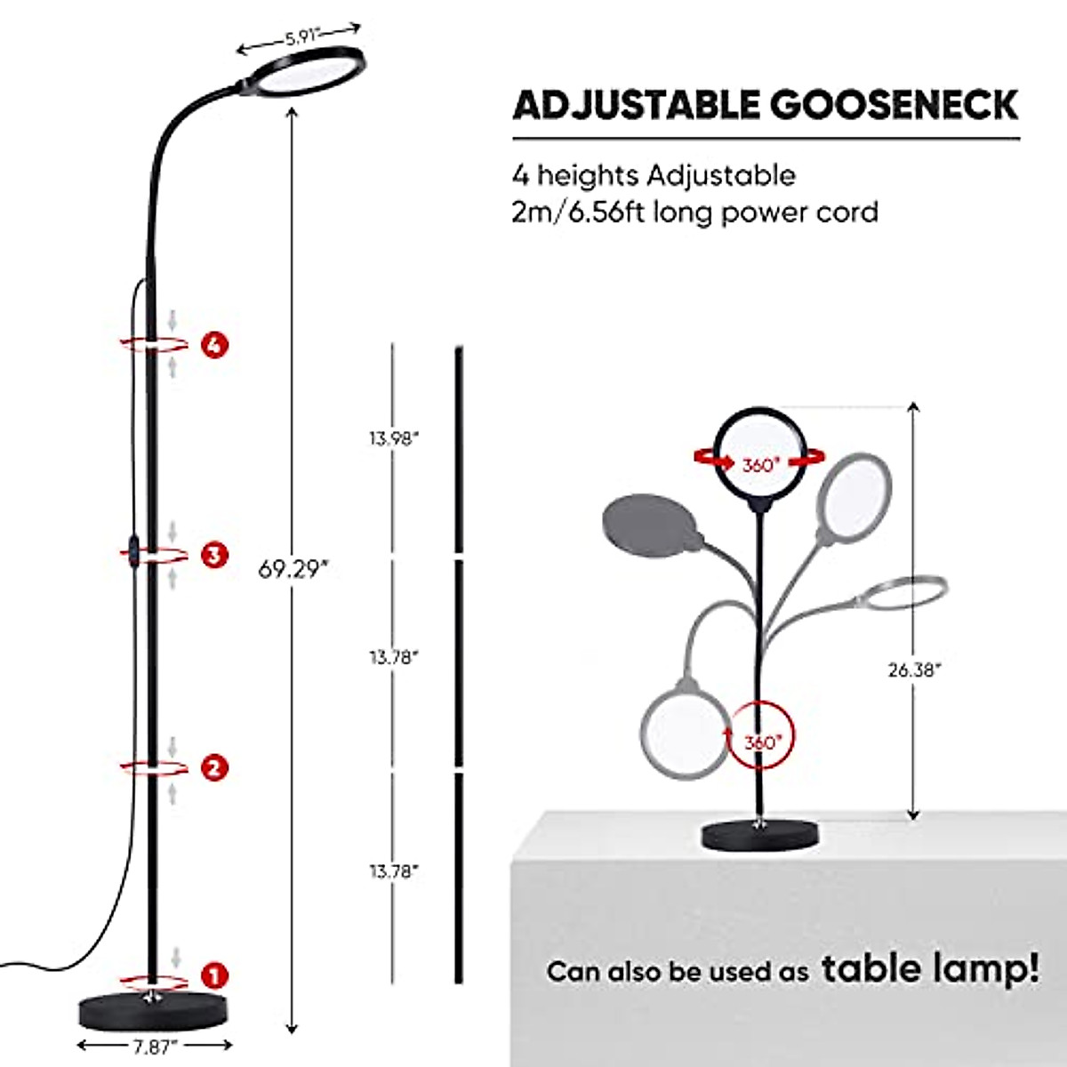 LED Floor Lamp, 12W Dimmable Standing Pole Reading Lamp 10 Brightness Levels&3 Color Temperature, Bright Gooseneck Adjustable Black Floor Lights, 800LM LED Task Lighting for Living Room Bedroom Office
