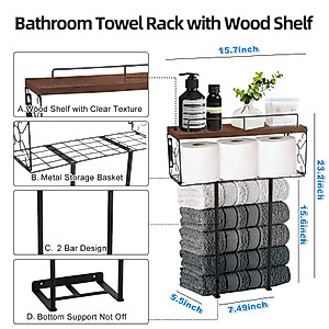 Towel Racks for Bathroom,Wall Mount Towel Holder with Natural Wood Shelf, Floating Shelves with Wire Basket, Towel Storage for 4 Rolled Towels, Space Saver, Multiple Storage, Rustic Wall Shelf Decor