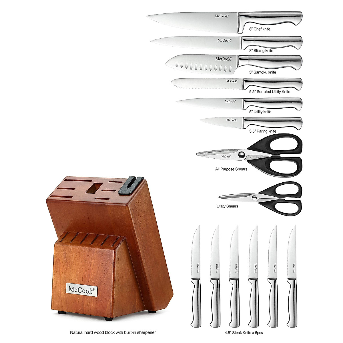 McCook MC29 German Stainless Steel Knife Block Sets with Built-in Sharpener + MCW12 Bamboo Cutting Board (Large, 17”x12”x1”)