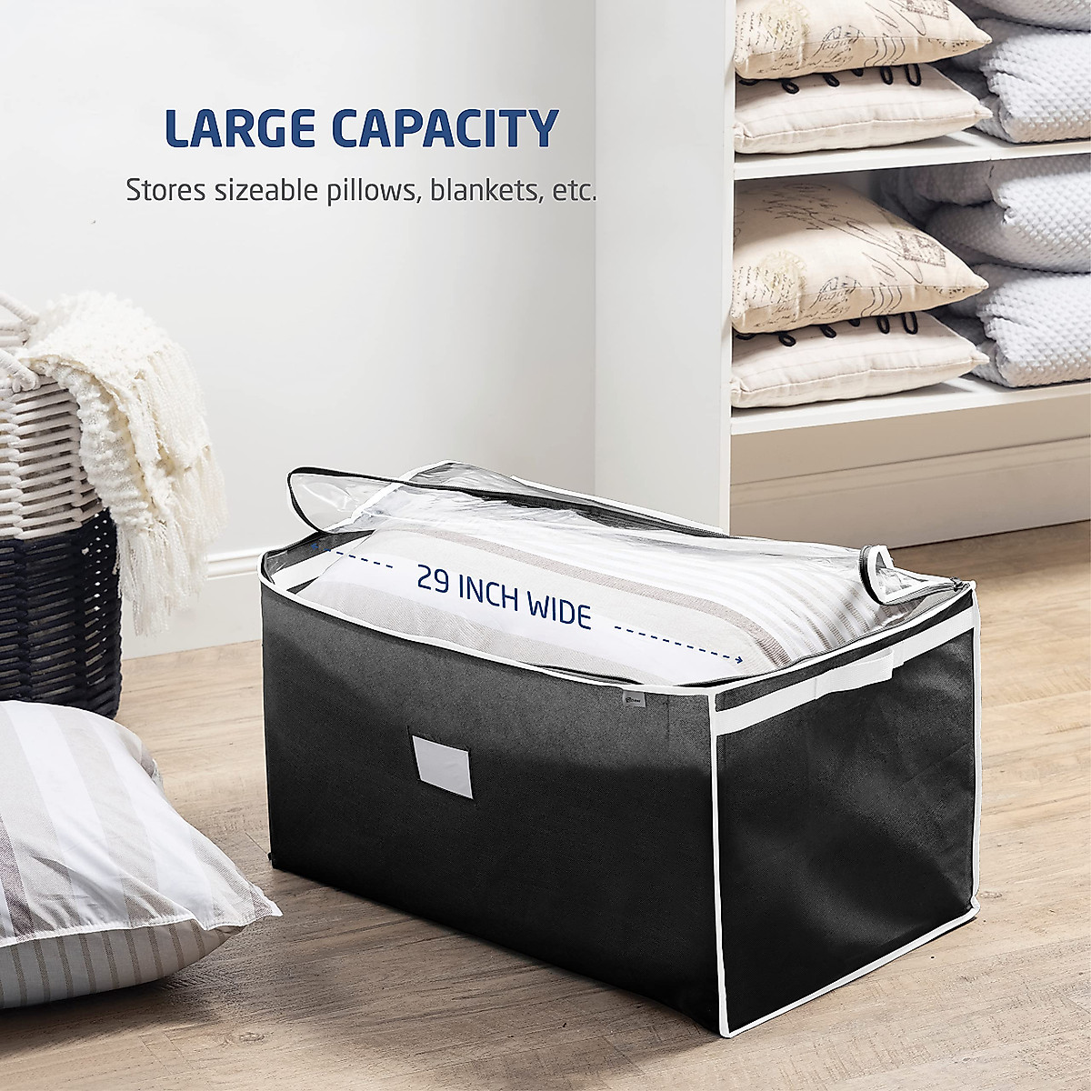 ZOBER Jumbo Storage Bag Organizer (2 Pack) Large Capacity Storage Box with Reinforced Strap Handles, PP Non-Woven Material, Clear Window, Store Blankets, Comforters, Linen, Bedding, Seasonal Clothing