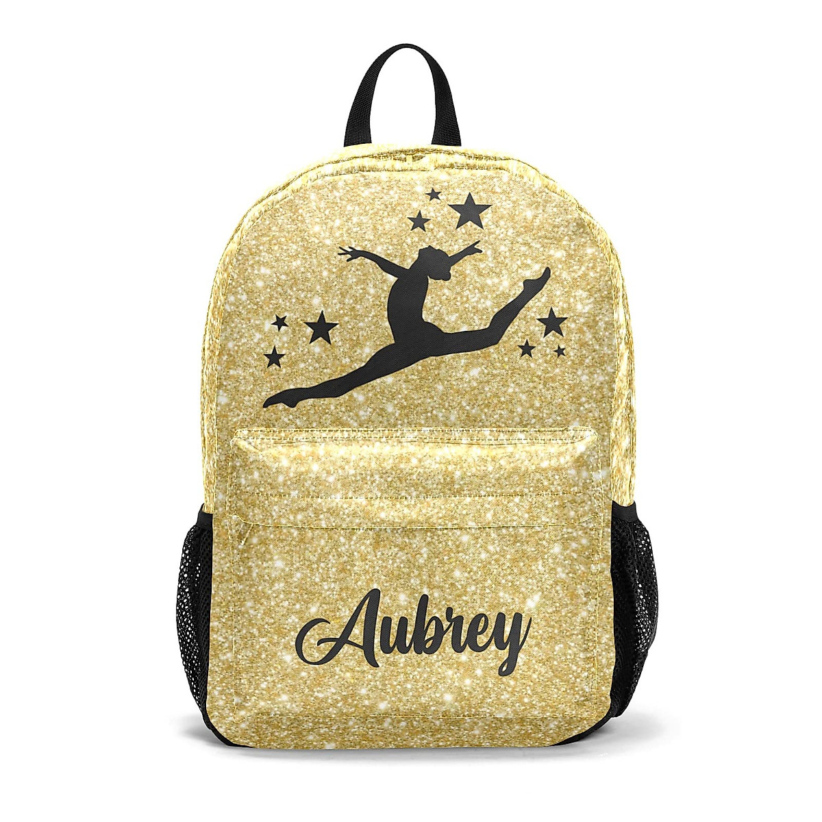Gymnastic Yellow Gold Glitter Personalized Backpack for Teen Boys Girls,Custom Travel Backpack Bookbag Casual Bag with Name Gift 11.81"(L) x 5.51"(W) x 17.71"(H)