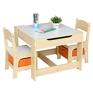 Guangshuohui Wood Table & 2 Chairs Set, 3 in 1 Activity Table w/Storage, Removable Tabletop, Blackboard, 3-Piece Furniture Set for Art, Crafts, Drawing, Reading, Playroom (Wood Color)