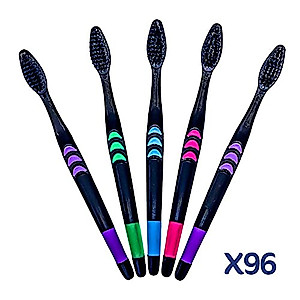 96 Bulk Toothbrushes Manual Travel Toothbrush Set for Adults or Kids, Multi-Color, Medium Soft, Oral Tooth Brush. Travel Toiletries Black Bristle