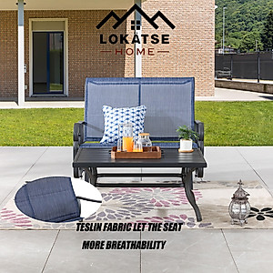 LOKATSE HOME 2 Pieces Outdoor Furniture Set Bench Glider Chair Metal Loveseat with Coffee Table, Blue