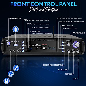 Pyle Wireless Bluetooth Home Stereo Amplifier- Hybrid Multi-Channel, 3000W Power Amplifier, Home Audio Receiver System w/ AM/FM Radio,MP3,USB, AUX, RCA, Karaoke Mic in, Rack Mount, Remote- P3301BAT.5