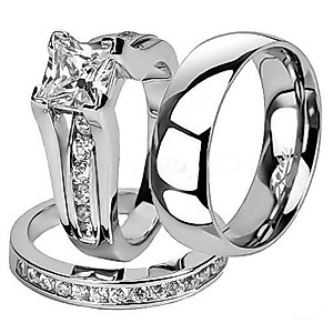 Marimor Jewelry His and Hers Stainless Steel Princess Wedding Ring Set and Classic Wedding Band Women's Size 05 Men's 04mm Size 11