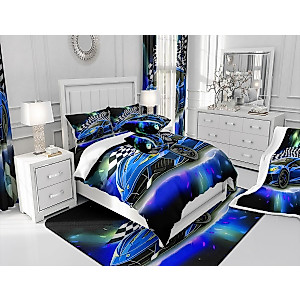 Feelyou Blue Racing Car Comforter Set Twin Size, Fast and Furious Extreme Sport Games Bedding Sets for Kids Boys Teens,Sports Car Bed in A Bag,Cool Modern Duvet Insert with 1 Pillowcase