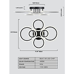Vikaey Modern 6 Rings LED Ceiling Light & Black Dimmable LED Ceiling Light（11.8"）
