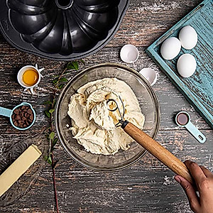 Sofease The Original Danish Dough Whisk - 304 Stainless Steel Ring Nonstick Dutch Whisk for Dough - Long Wooden Danish Dough Whisker Bread Mixer Handle Bundle with Flexible Plastic Scraper Cutter