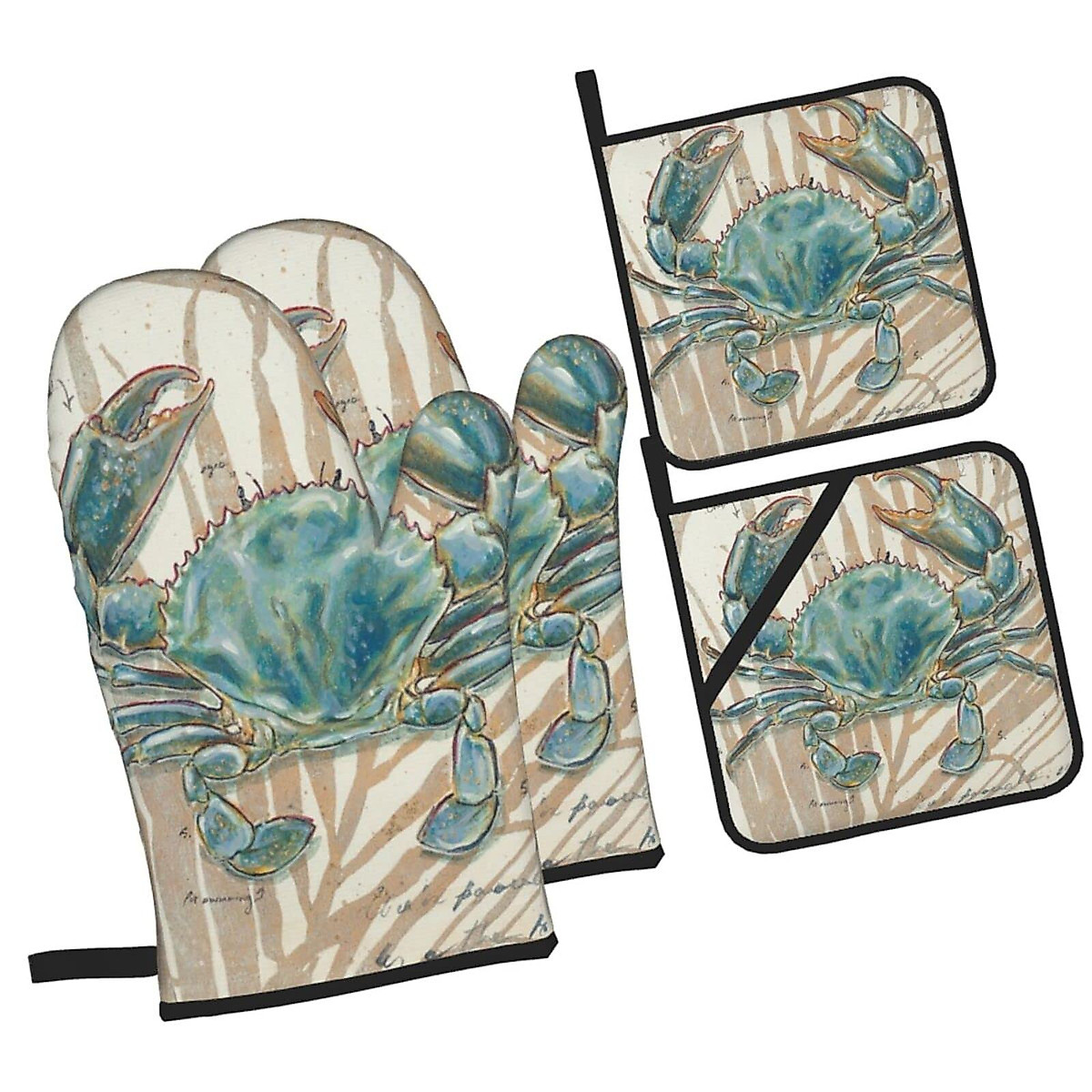 Oven Mitts and Pot Holders Sets of 4,Nautical Ocean Animal Sea Underwater Submarine Blue Crab Fantastic,Oven Mitts Heat Resistant Oven Gloves Set Potholders for Kitchen Baking Grilling