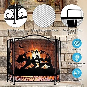 IRONWALLS 3-Panel Folding Fireplace Screens Decorative, 47.6” x 31.4” Metal Bear Fireplace Screens Fire Screen Gate Fence Spark Guard Kid Proof, Heavy Duty Fireplace Screen Black for Home Farmhouse