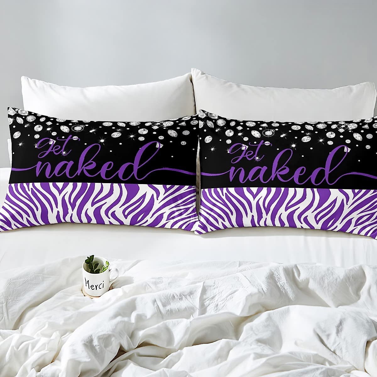 Feelyou Glitter Print (No Glitter) Diamond Bedding Set for Girls Pastel Zebra Comforter Cover Set Queen Size Get Naked Duvet Cover BedPurple Black White Bedspread Cover Bedding Collection 3Pcs