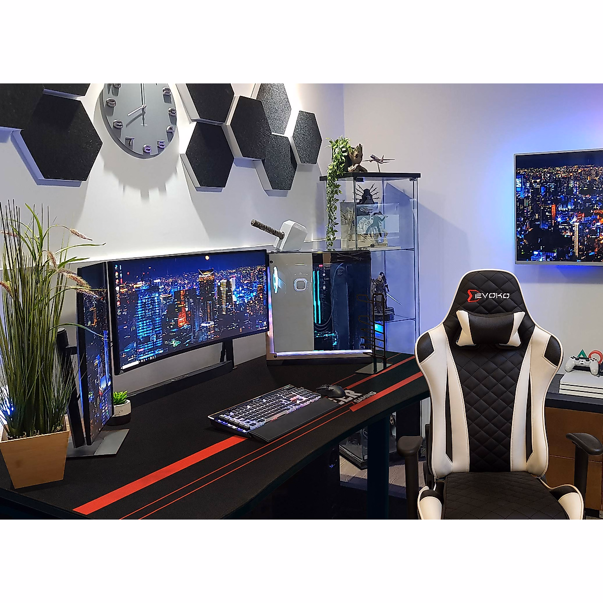 Devoko 55 Inch Gaming Desk T-Shaped PC Computer Table with Free Mouse Pad Carbon Fibre Surface Home Office Desk Gamer Table with Game Handle Rack Headphone Hook and Cup Holder (Black)