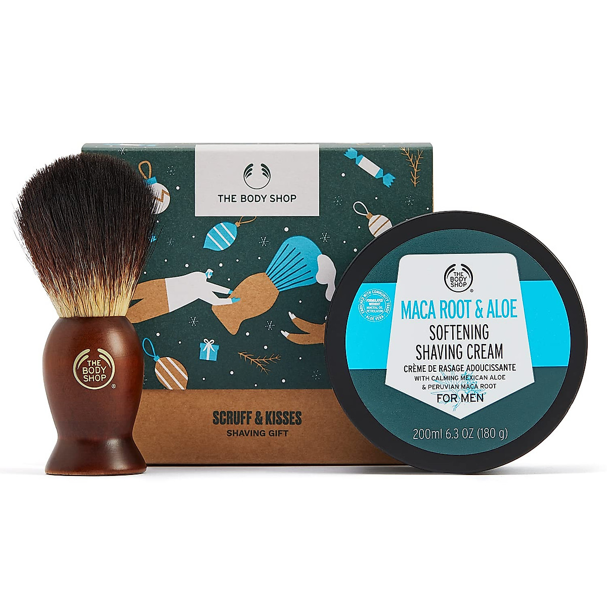 The Body Shop Scruff & Kisses Shaving & Grooming Gift Set – Maca Root & Aloe Shave Cream For Men (6.91 fl oz) & A Shaving Brush