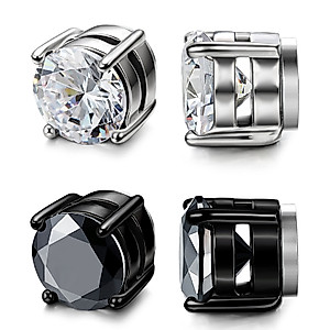 LOYALLOOK Stainless Steel Stud Earrings for Men Women Unisex Cubic Zirconia Inlaid 2 Pairs 8MM