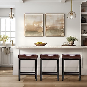 Sweetcrispy Bar Stools Set of 2， 24 inch Counter Height Bar Stools, Upholstered Modern Kitchen Barstools with Metal Base, PU Leather Saddle Stools for Kitchen Island, Brown