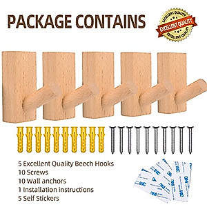 GDTOOLMMY Wood Hooks,Wooden Coat Hooks Wall Mounted,Decorative Backpack Towels Hanger, Hat Hooks for Wall Heavy Duty Hooks (Beech Wood,5Pack)
