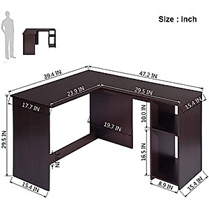 FurnitureR Computer Desk with Bookshelf Industrial Style Study Table Computer Gaming Desk with Storage, Wooden L-Shaped Corner Desk Save Space for Home Office, Brown