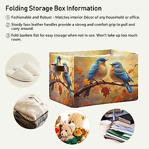 Large Storage Basket Blue Birds Autumn Storage Bin Cube Canvas Fabric Organizer Handles Collapsible for Clothes Toys Bedroom Decorative