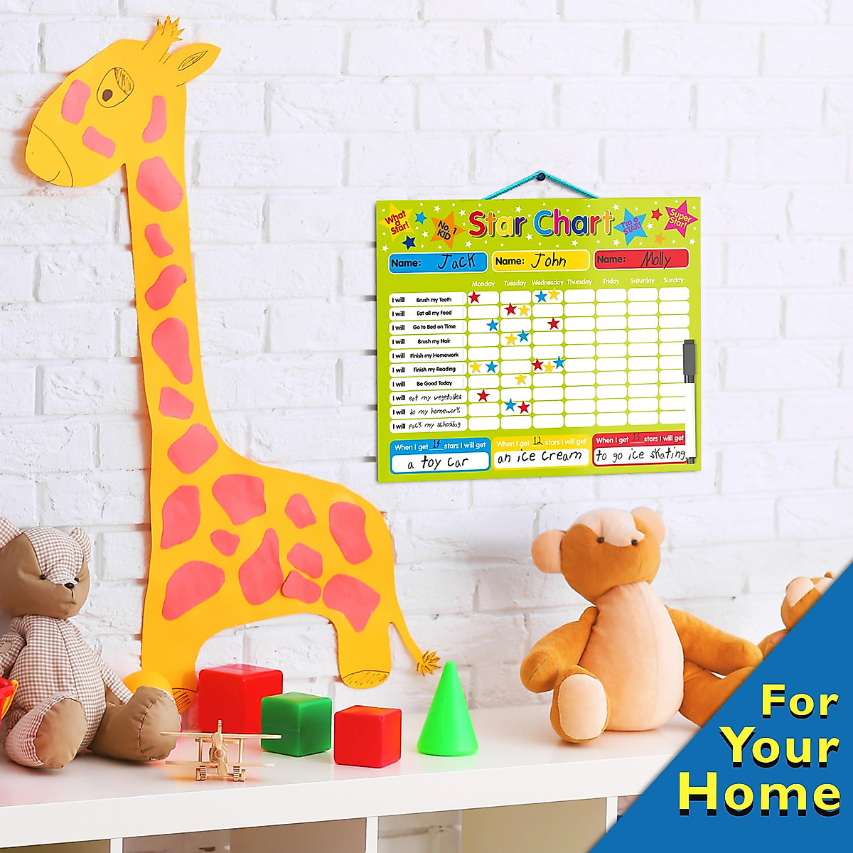 Magnetic Reward / Star / Responsibility / Behavior Chart for up to 3 Children. Rigid board 16" x 13" (40 x 32cm) with hanging loop