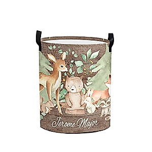 Rustic Woodland Forest Animals Personalized Laundry Hamper with Handles Waterproof,Custom Collapsible Laundry Bin,Clothes Toys Storage Baskets for Bedroom,Bathroom Decorative Large Capacity 50L