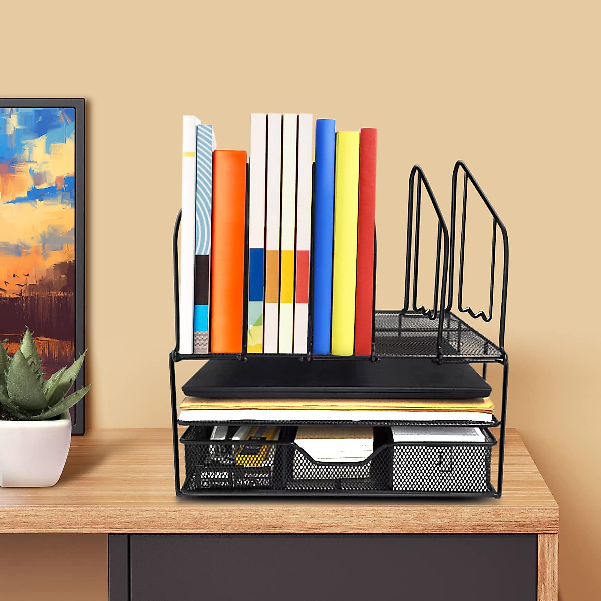 Desk File Organizer with Drawer Anyyuk Office Supplies Organizer with Double Tray and 5 Upright File Folder Holders Sections Desktop Organizer for Workspace Home Office School, Black