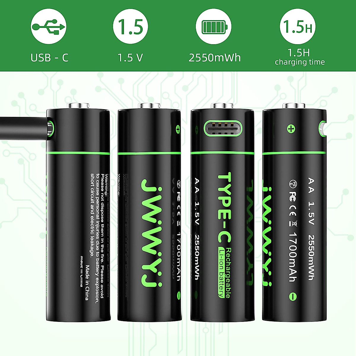 AA Lithium Rechargeable Batteries - 4Pack Smart Rechargeable AA Batteries by JWWYJ,Lithium Ion 1.5v 2550 mWh, Type C Battery Charging Cable, LED Charge Indicator