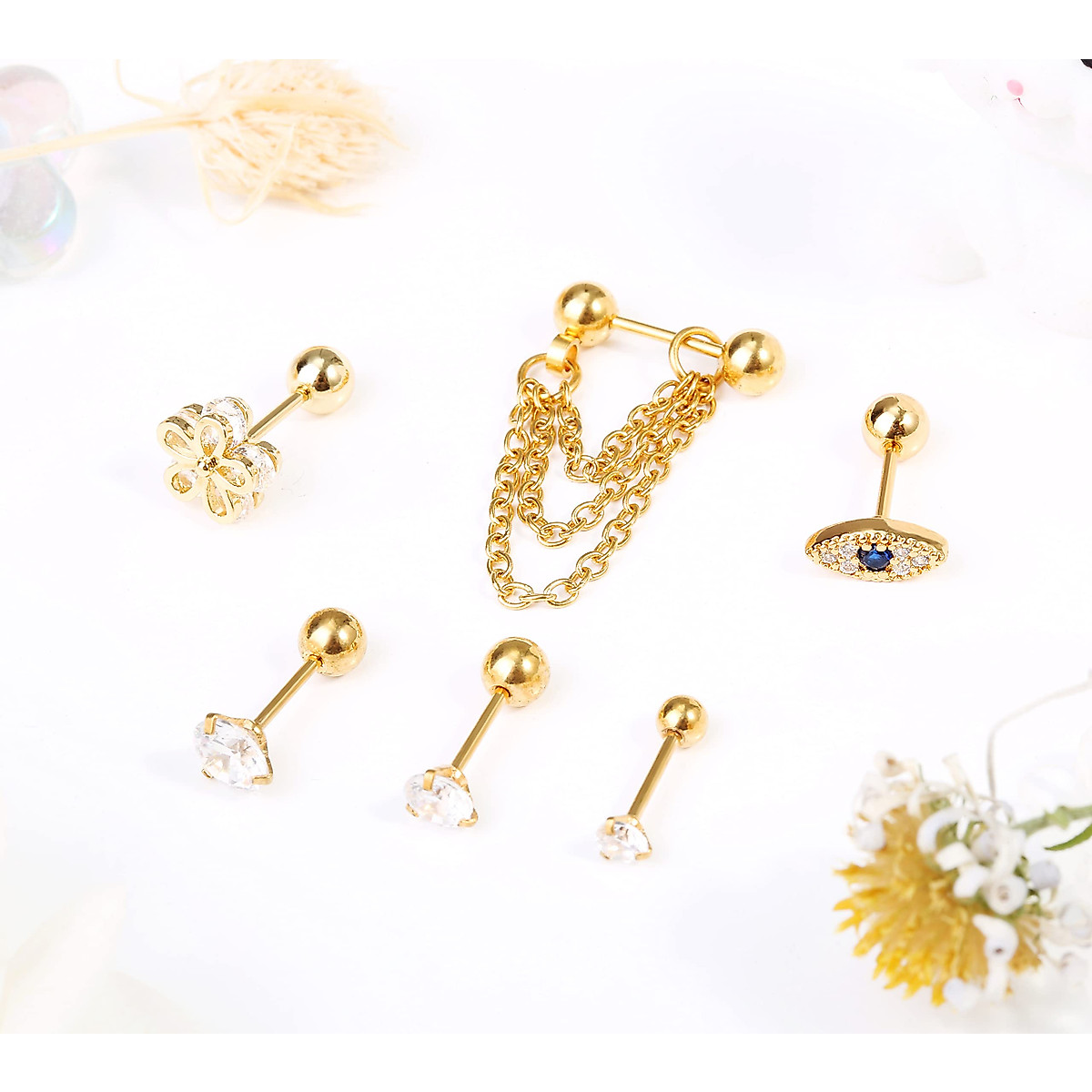 Leocuci Cartilage Earring Tragus Piercing Jewelry for Women Stainless Steel Forward Helix Earrings Gold Daith Piercing Jewelry Conch Hoop Earring Set with Ear Piercing Studs