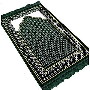 Modefa Turkish Islamic Prayer Rug - Thin & Lightweight Velvet Praying Carpet - Soft Muslim Praying Mat Janamaz - Ramadan or Eid Gift for Men & Women - with Car Hanger - Dancing Rose Vine (Green)