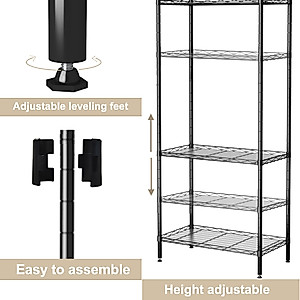 HOMEFORT 4-Shelving Unit, Adjustable Wire Shelving, Metal Wire Shelf with Shelf Liners and Hooks for Kitchen, Closet, Bathroom, Laundry, Black,21" W x 11" D x 43" H