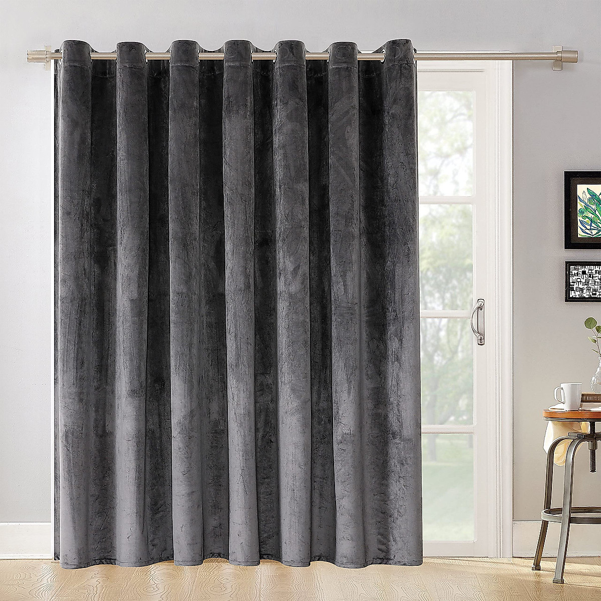 Victree Room Divider Curtain for Bedroom, Wide Velvet Curtains for Sliding Glass Door, Grommet Screens Privacy Curtain Panel for Living Room, 1 Panel, 9ft Wide x 7ft Tall, Dark Grey